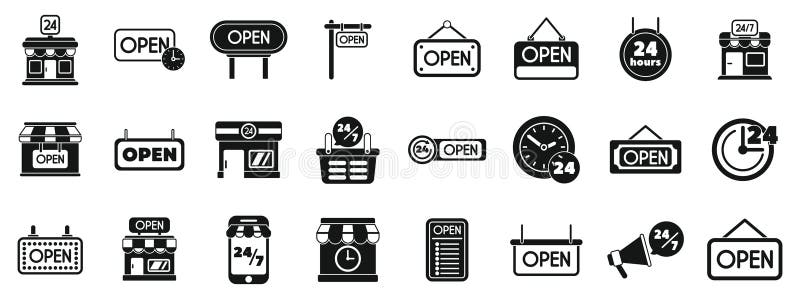 Shop Opening Hours Icons Set Simple Vector. Store Time Sign Stock ...