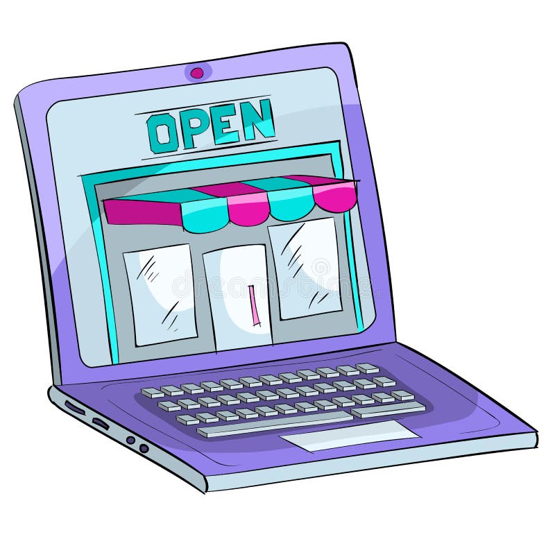 Shop with a Showcase in a Laptop. E-commerce, Cartoon Illustration ...