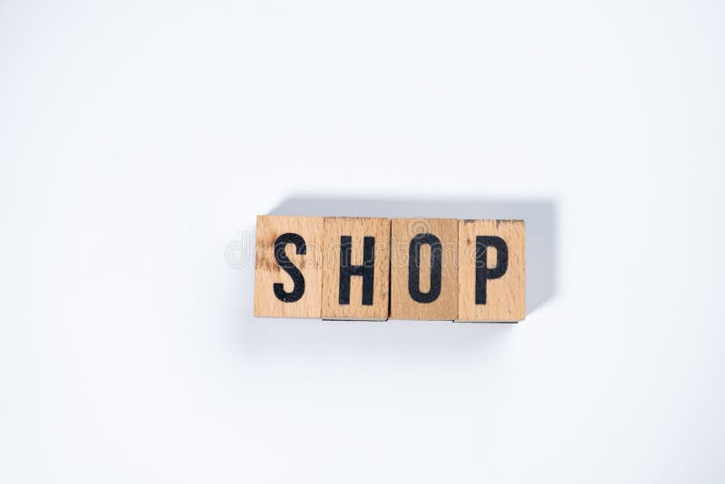 ` SHOP ` Text Made of Wooden Cube on White Background Stock Image ...