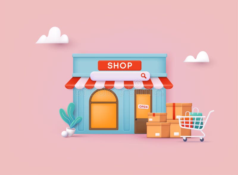 Shop Vector Illustration. .Gift Boxes, Parcel Boxes, Shopping Carts. 3D ...