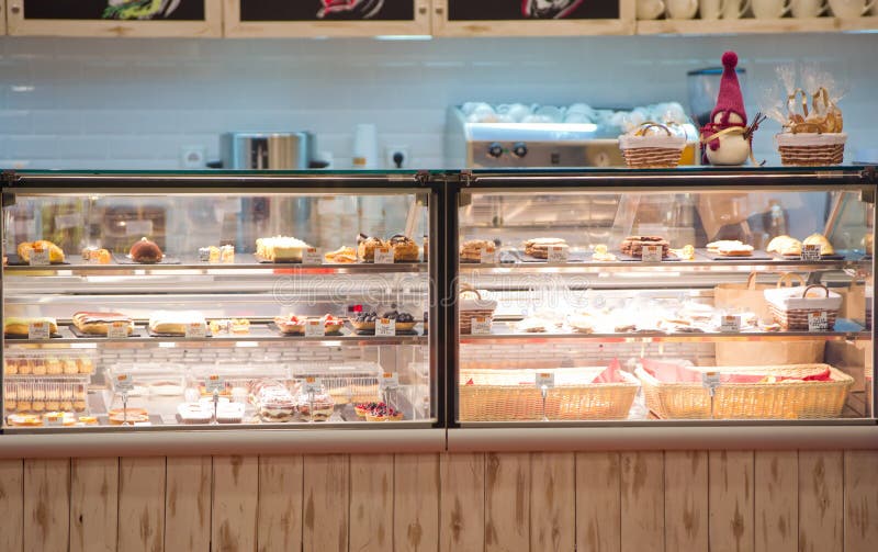 Shop Window with Cakes and Sweets in Small Shop Stock Photo - Image of ...