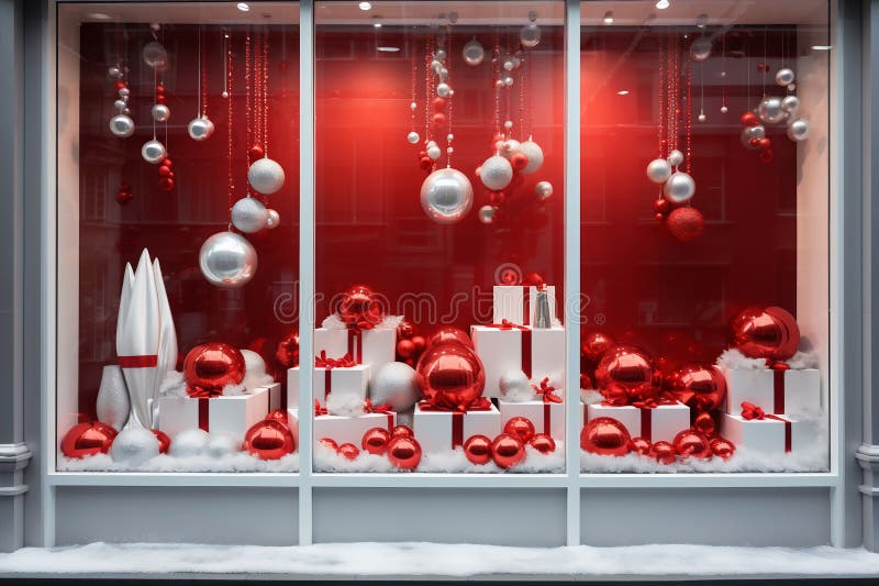 Shop Window with Festive White Red Christmas Decorations Idea. AI ...