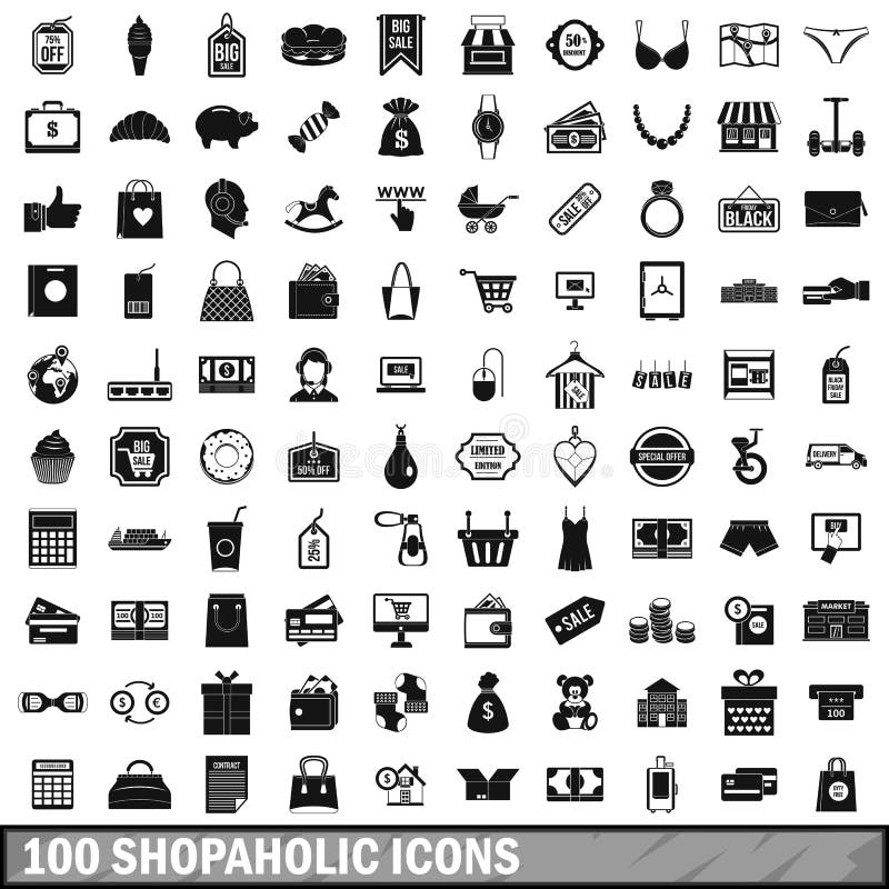 100 Shopaholic Icons Set, Simple Style Stock Vector - Illustration of ...