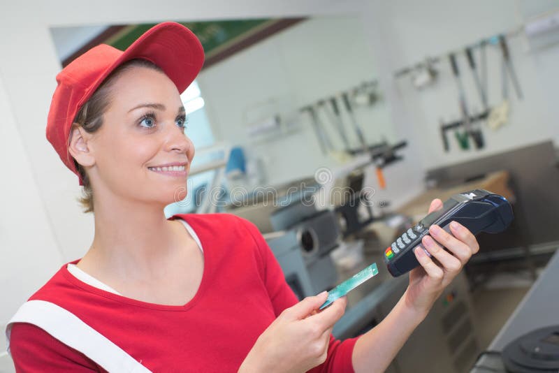 Shopkeeper Inserting Card in Machine Stock Image - Image of sale ...