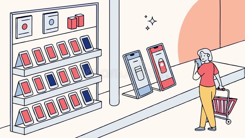 Shopper in Electronics Store, Browsing Mobile Phones, Vector Design ...