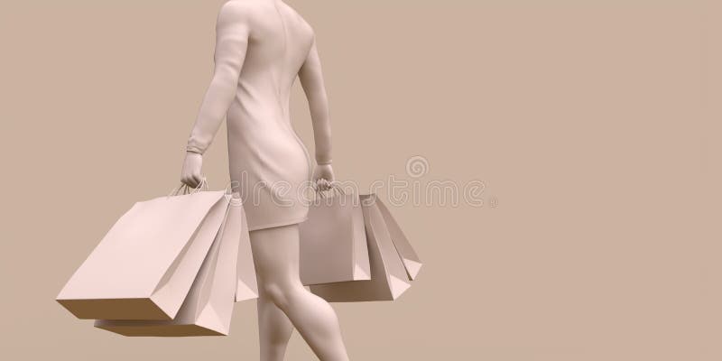 Shopper with Shopping Concept 3d Illustration in Beige Color Stock ...