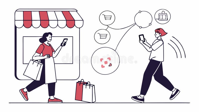 Shopper Using Mobile Device in Store, Modern Retail Experience, Vector ...