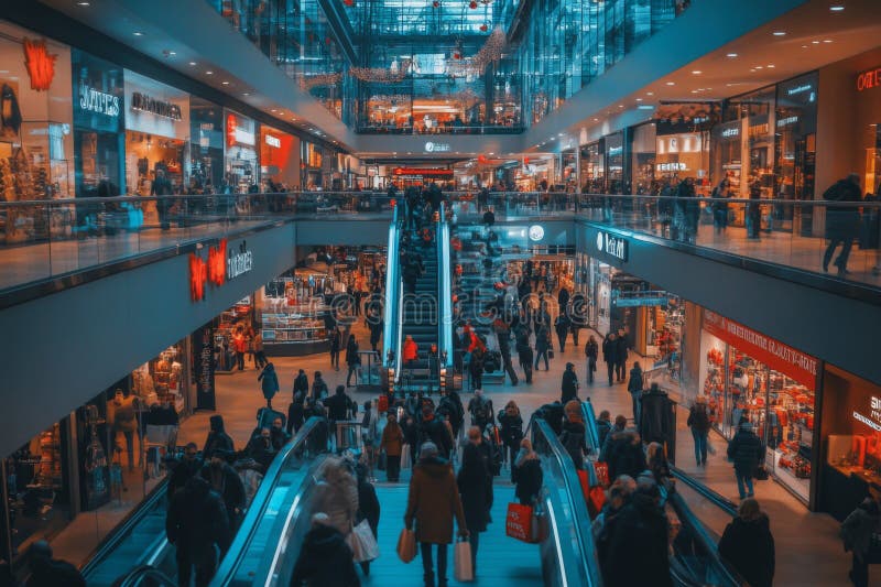 Shoppers Fill a Popular Mall, Exploring Various Stores Stock ...