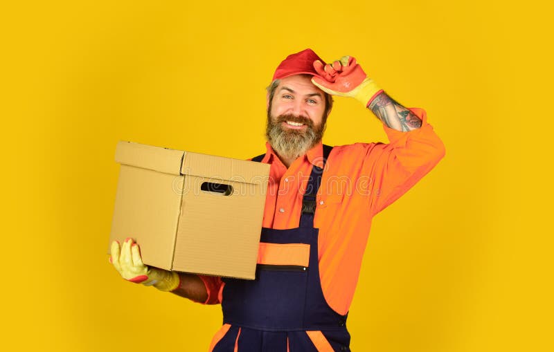 Forced To Move. Man Courier Hold Boxes. Prepare for Moving. Rent House ...