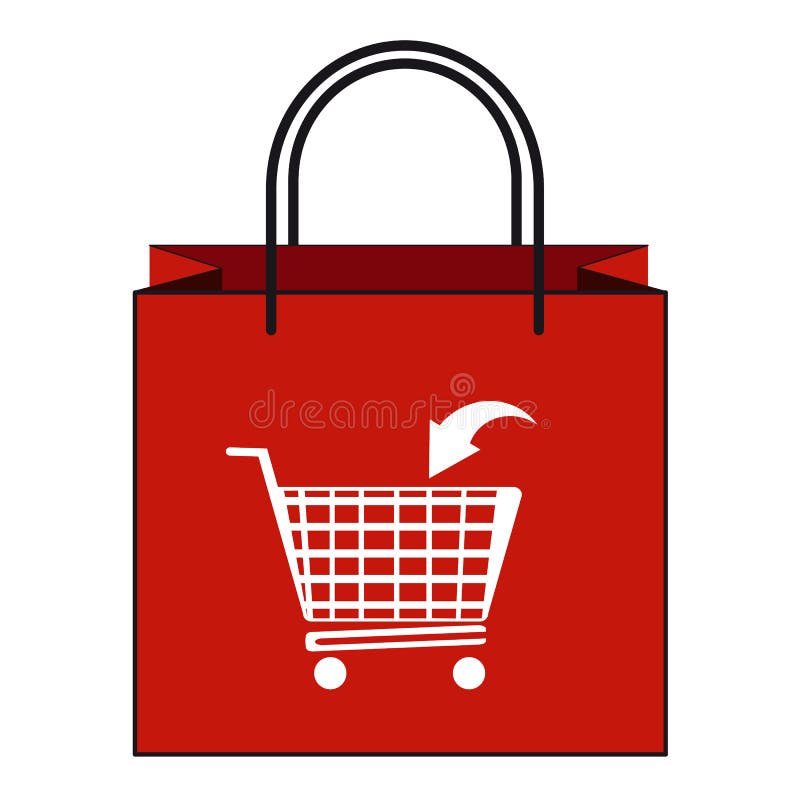 Shopping Bag with Shopping Cart - Red Vector Illustration - Isolated on ...