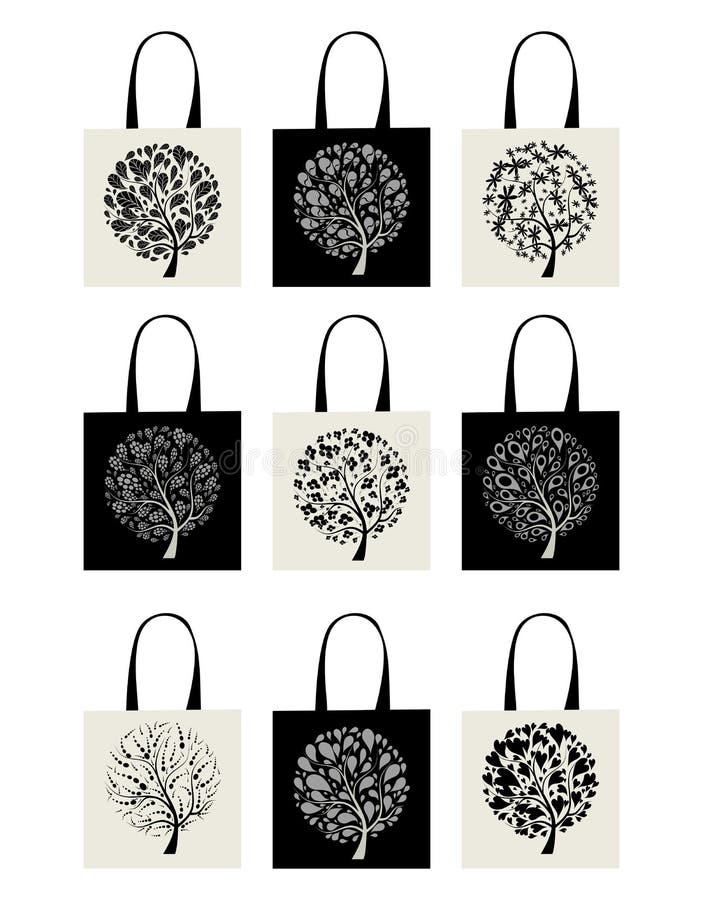 Shopping Bag Collection, Art Tree Design Stock Vector - Illustration of ...