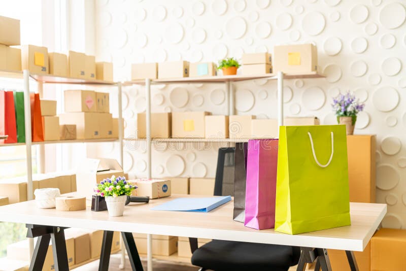 Shopping bag on desk stock photo. Image of store, desk - 158415856