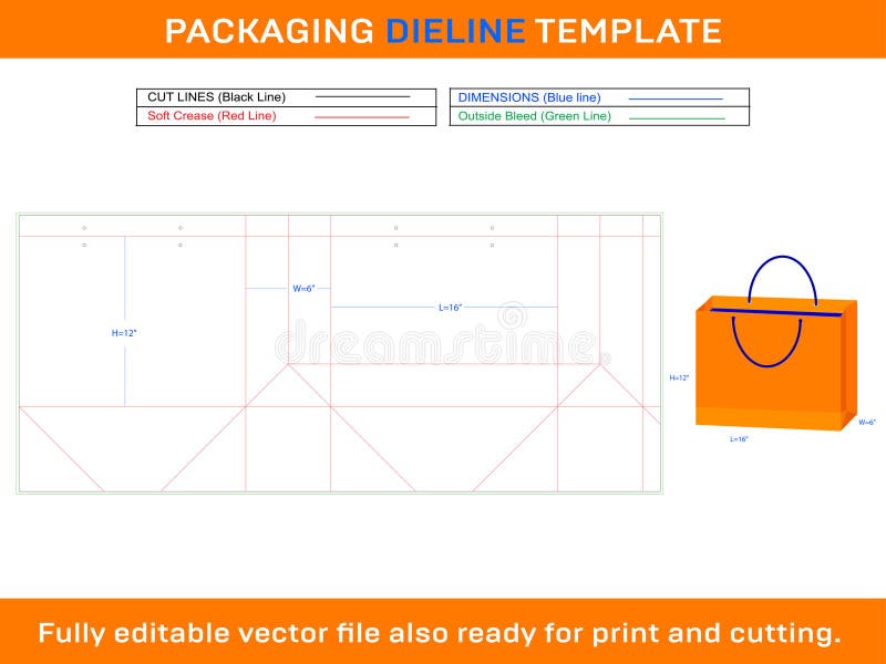 Shopping Bag Dieline Template 16x6x12 Inch Stock Vector - Illustration ...