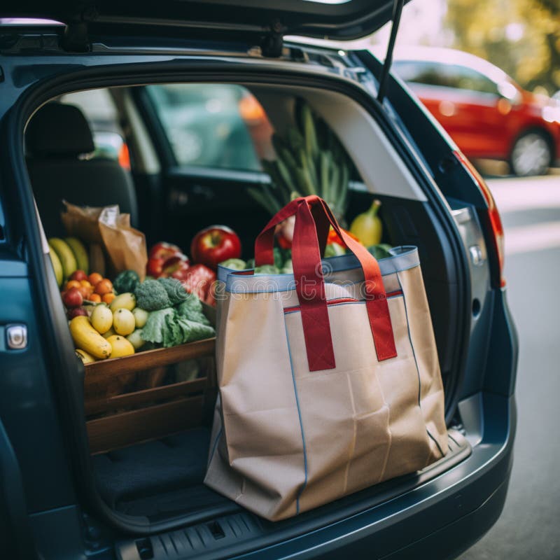 Shopping Bag with Groceries and Car Parking in the Back Stock ...