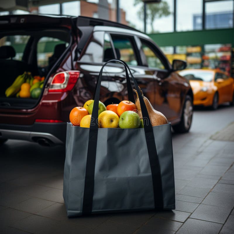 Shopping Bag with Groceries and Car Parking in the Back Stock ...