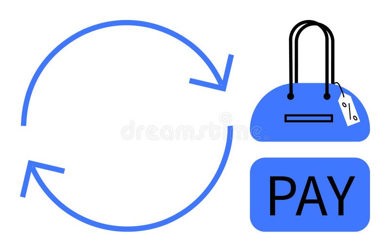 Shopping Bag with Price Tag and Payment Button, Blue Circular Arrows ...