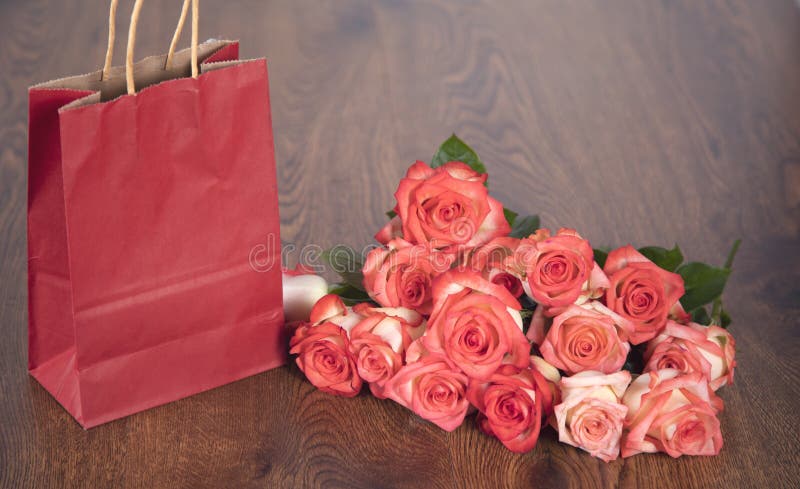 Shopping bag and roses stock image. Image of white, fresh - 178463679