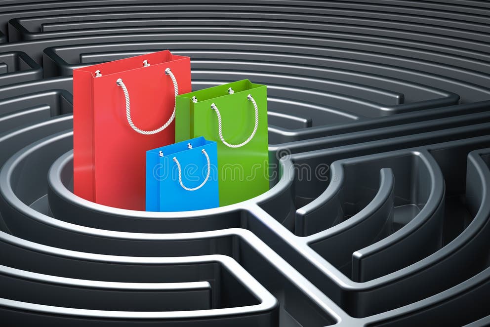 Shopping Bags Inside Labyrinth, Maze. 3D Stock Illustration ...