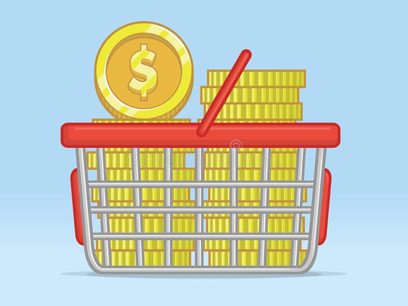 Shopping Basket Coin Stacks Money Inside Stock Vector - Illustration of ...