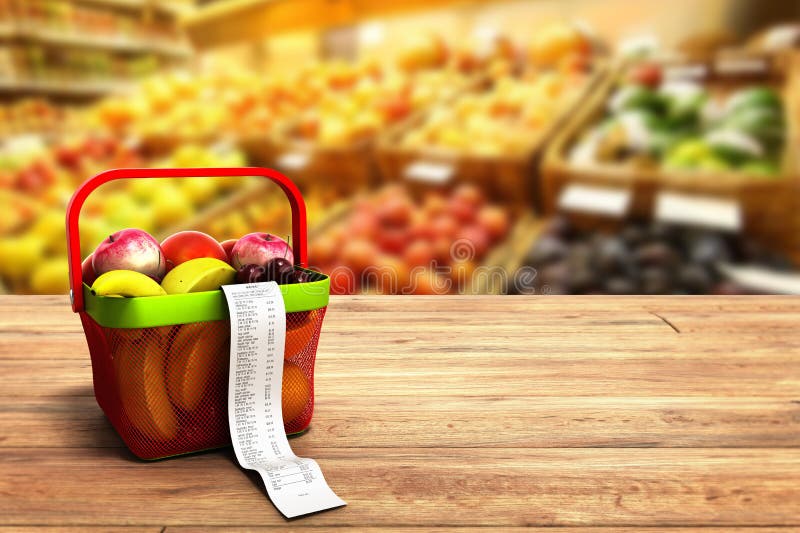 Shopping Basket Full of Fresh Fruit with a Check 3d Render on Wood ...