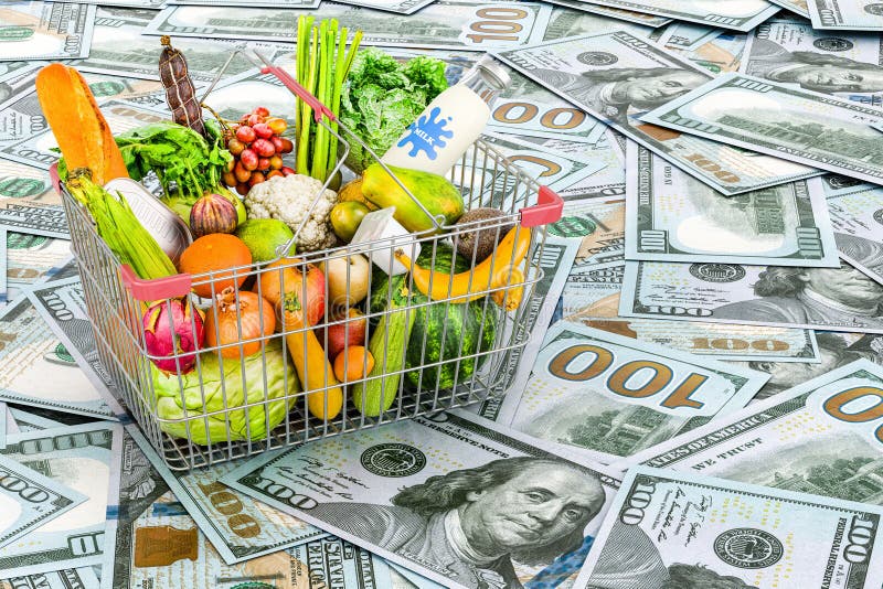 Shopping Basket Full of Products on the Dollars Background, 3D ...
