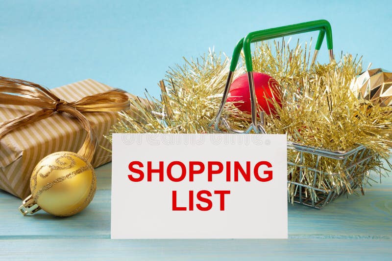 Shopping Basket and Text SHOPPING LIST on White Paper Note List Stock ...