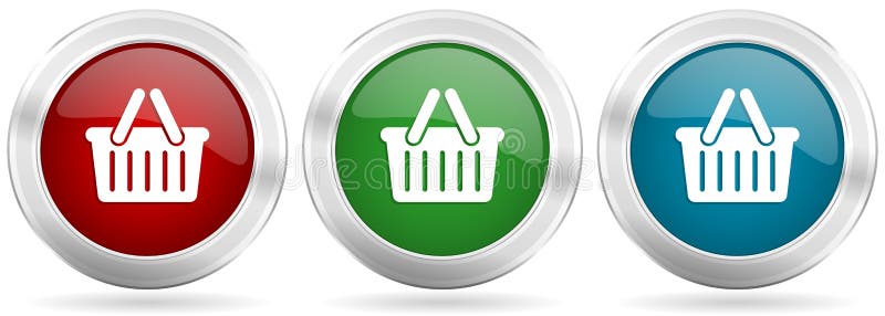 Shopping Basket Vector Icon Set. Red, Blue and Green Silver Metallic ...
