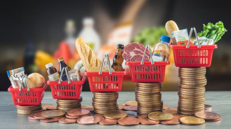 Shopping Baskets on Coin Stacks Representing Inflation Stock Image ...