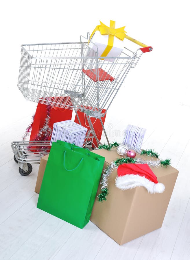 Shopping Cart with Boxes and Bags Stock Image - Image of carry ...