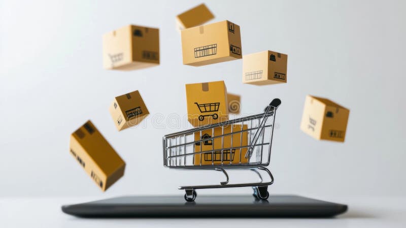 A Shopping Cart with Boxes Flying Out of it Stock Illustration ...