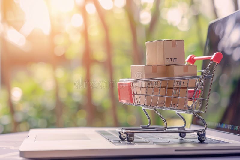 Shopping Cart with Boxes on Laptop, Online Shopping Concept. Stock ...