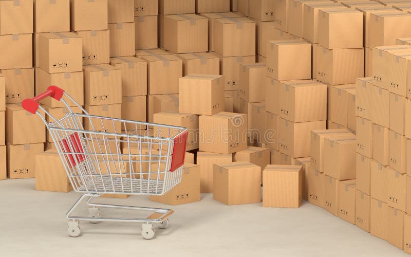 Shopping Cart with Cardboard Boxes Inside, 3d Rendering Stock ...