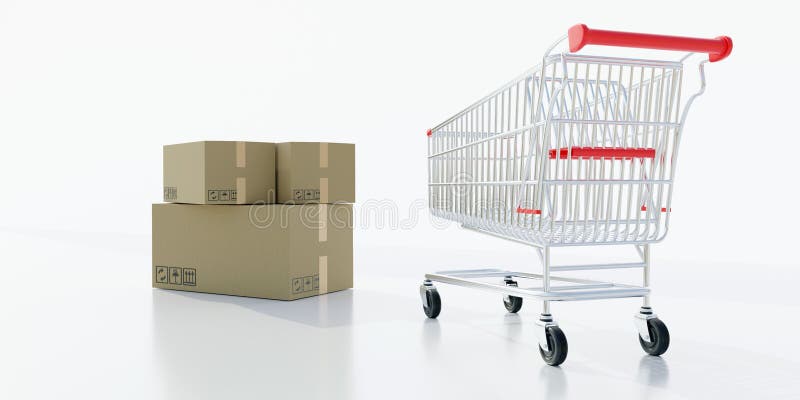 Shopping Cart and Cardboard Boxes Stack Isolated on White. Order and ...