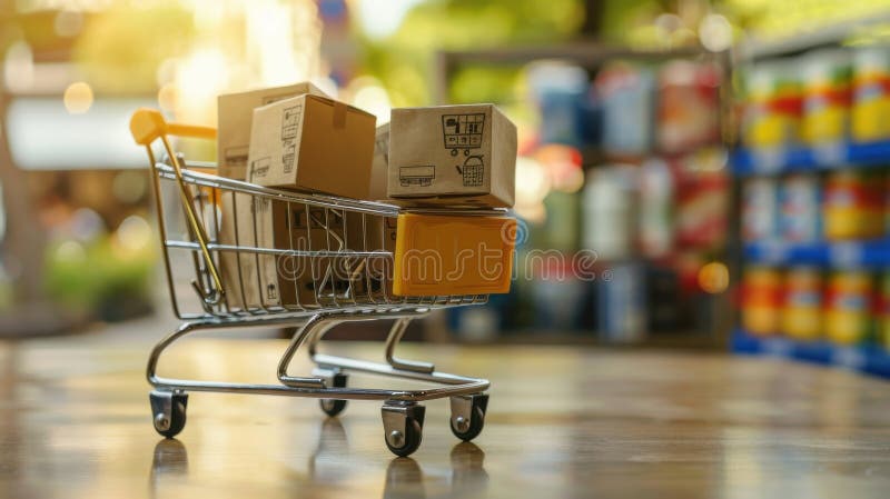 Shopping Cart with Cardboard Boxes on Wooden Floor in Stack Goods in ...