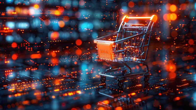 A Shopping Cart on a Digital Background with Glowing Lights Stock ...