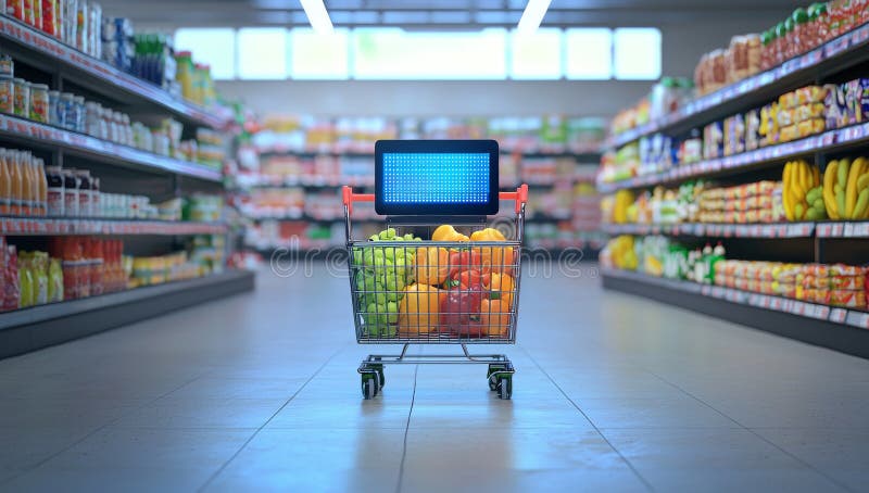Shopping Cart with a Digital Interface in the Grocery Aisle ...