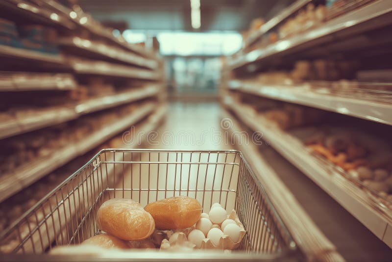 Shopping Cart with Few Basic Groceries (bread, Milk, Eggs) in a Large ...