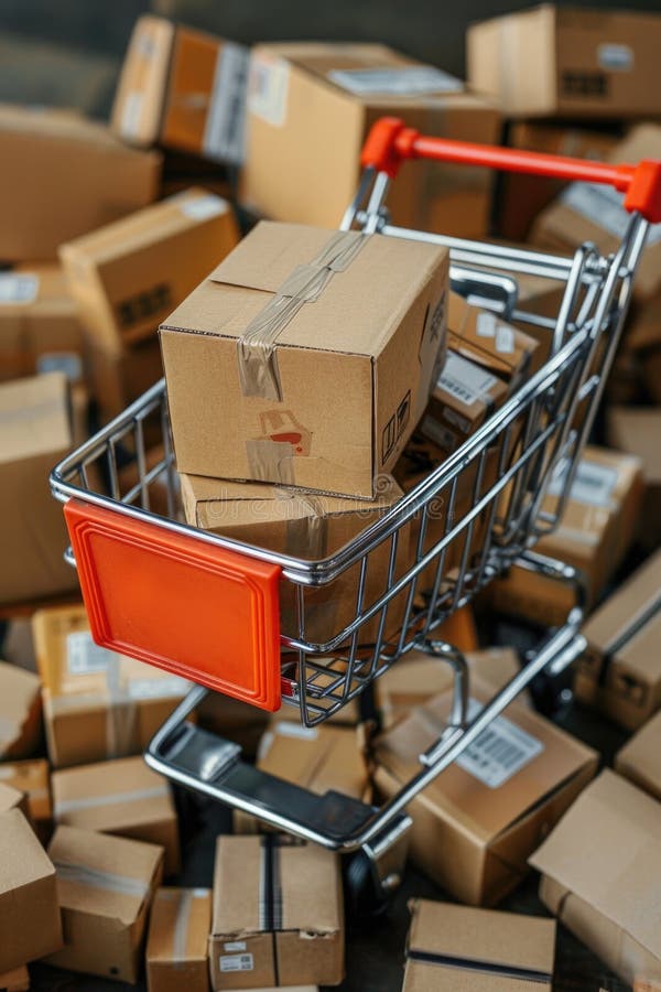 A Shopping Cart Filled with Boxes on Top of a Stack of Cardboard Boxes ...