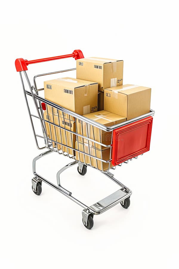 Shopping Cart Filled with Boxes on White Background Stock Photo - Image ...