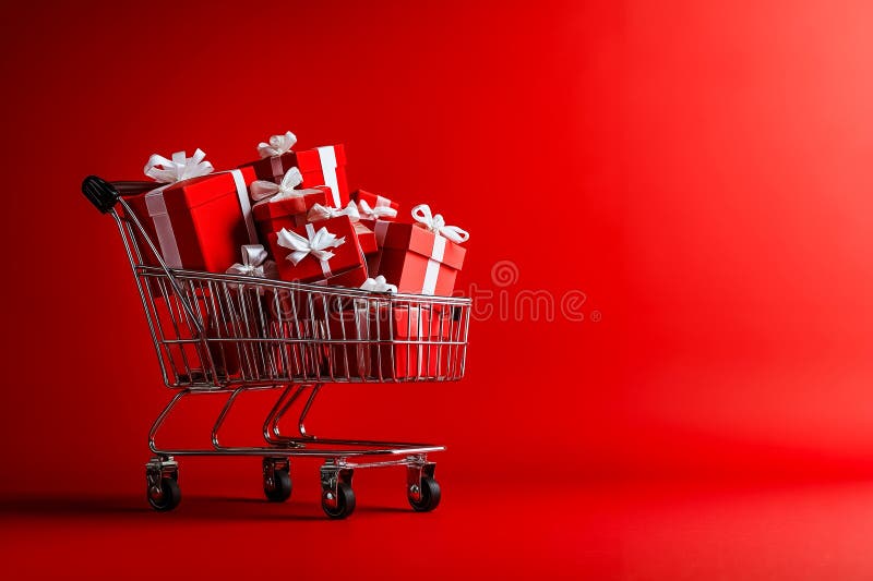 A Shopping Cart Filled with Red and White Presents Stock Illustration ...