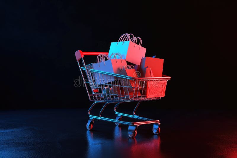 A Shopping Cart Filled with Various Shopping Bags on a Table Stock ...