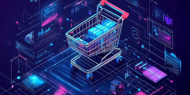 Shopping Cart Full of Digital Boxes with Online Data Visualization ...