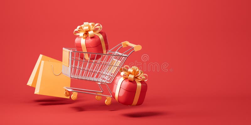 Shopping Cart and Gift Boxes, 3d Rendering Stock Illustration ...