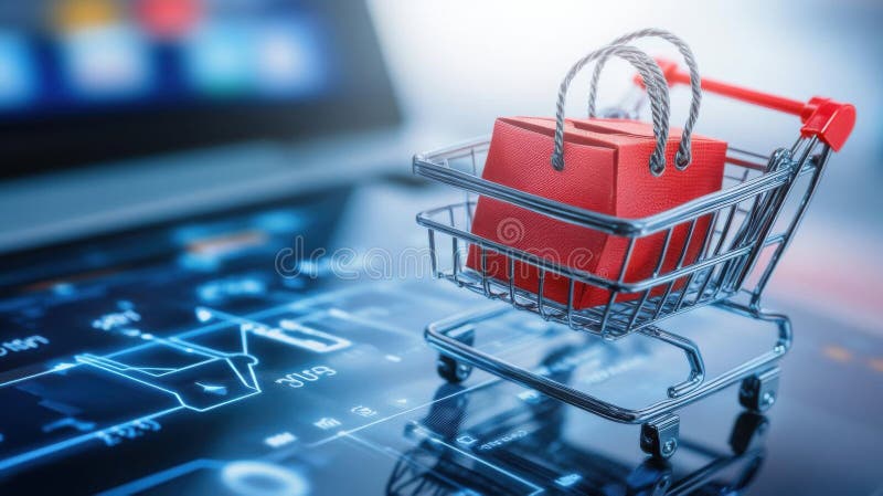 Shopping Cart with Gift on Technology Background, Online Purchase Theme ...