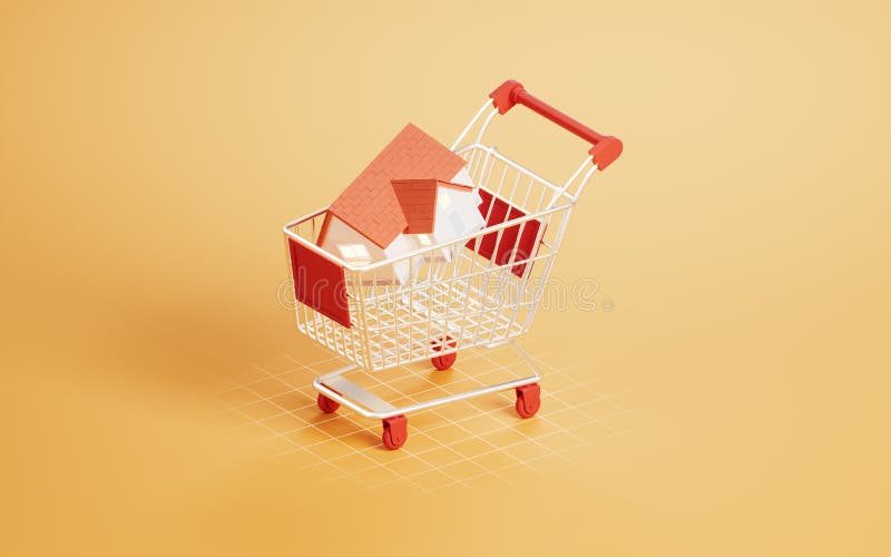 Shopping Cart with House Inside, 3d Rendering Stock Illustration ...