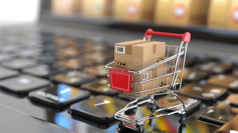 Shopping Cart on Laptop Keyboard in 3D Style Stock Illustration ...