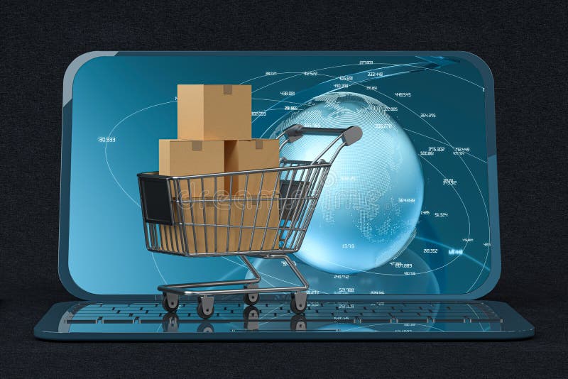 Shopping Cart and Laptop, Online Shopping Concept, 3d Rendering Stock ...