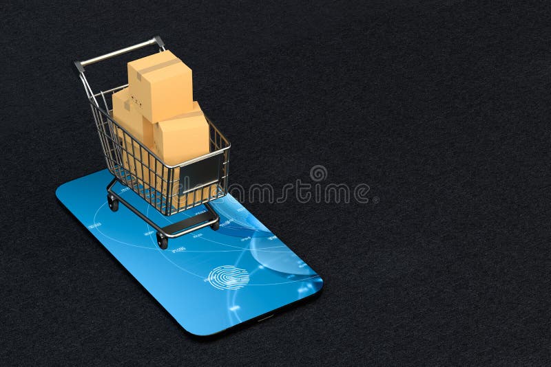 Shopping Cart and Mobile Phone, 3d Rendering Stock Illustration ...
