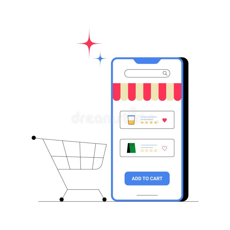 Shopping Cart with Mobile Storefront on Screen in Flat Vector Illustration Symbolizing E ...