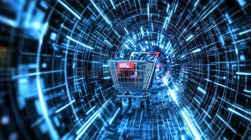 Shopping Cart Moving through a Digital Tunnel Stock Illustration ...